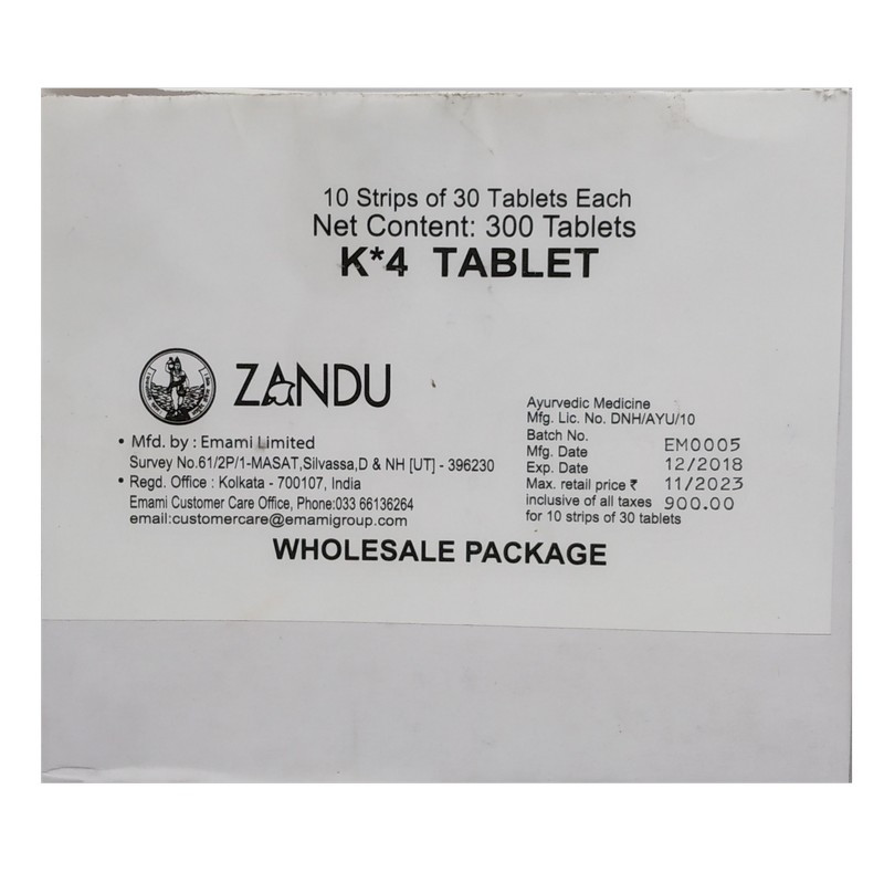 K 4 Tablet (30Tabs) - Zandu Pharma - AyurCentral Online